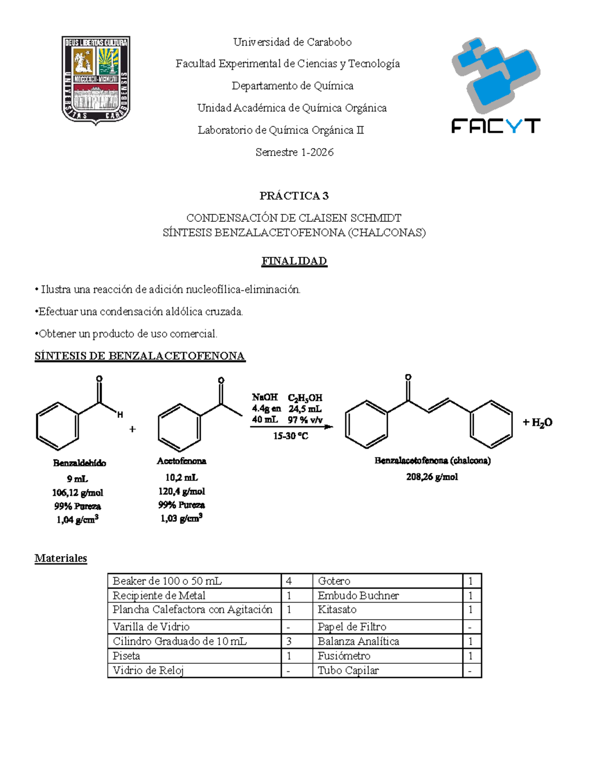 Práctica 3: Síntesis de Benzalacetofenona en Química Orgánica II - Studocu