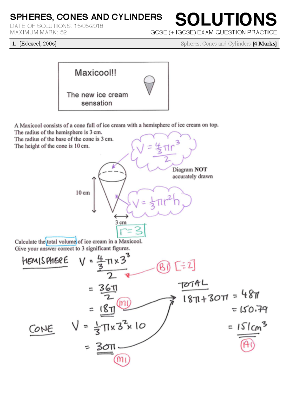 GCSE 9-1 Practice Qs: Spheres, Cones & Cylinders Solutions - Studocu