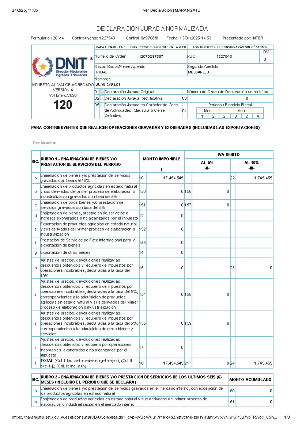 Declaración Jurada IVA Formulario 120 V4 - Contribuyente 1227543 - Studocu
