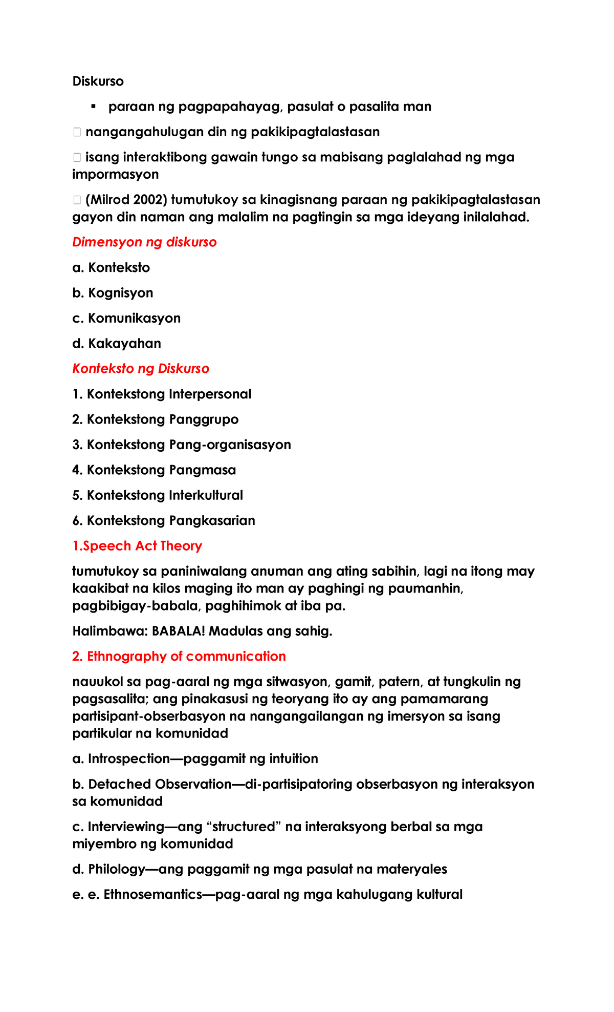 Diskurso - Lecture Notes on Communication Dimensions and Theories - Studocu