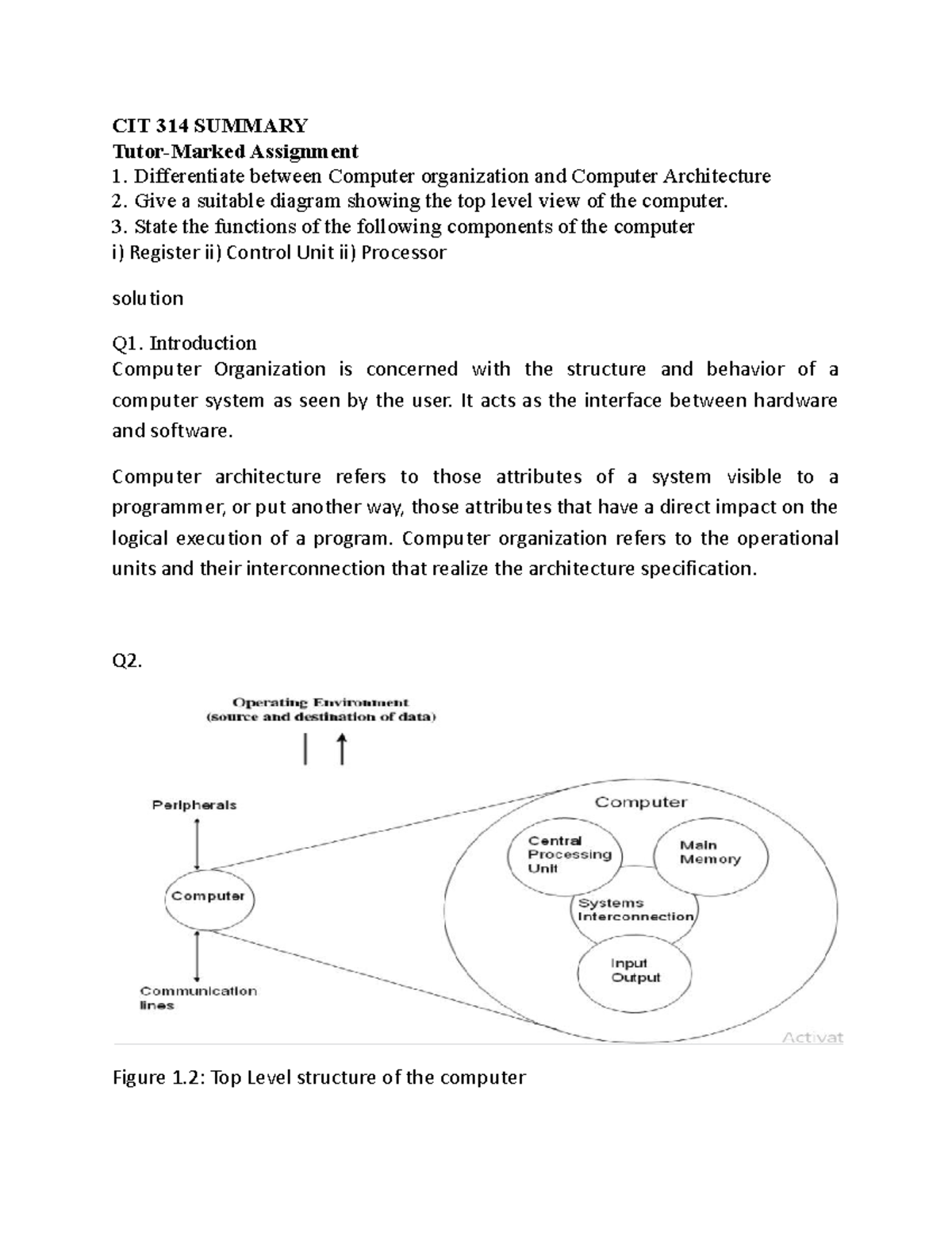 CIT314 Tutor-Marked Assignment Summary: Computer Architecture & Organization - Studocu