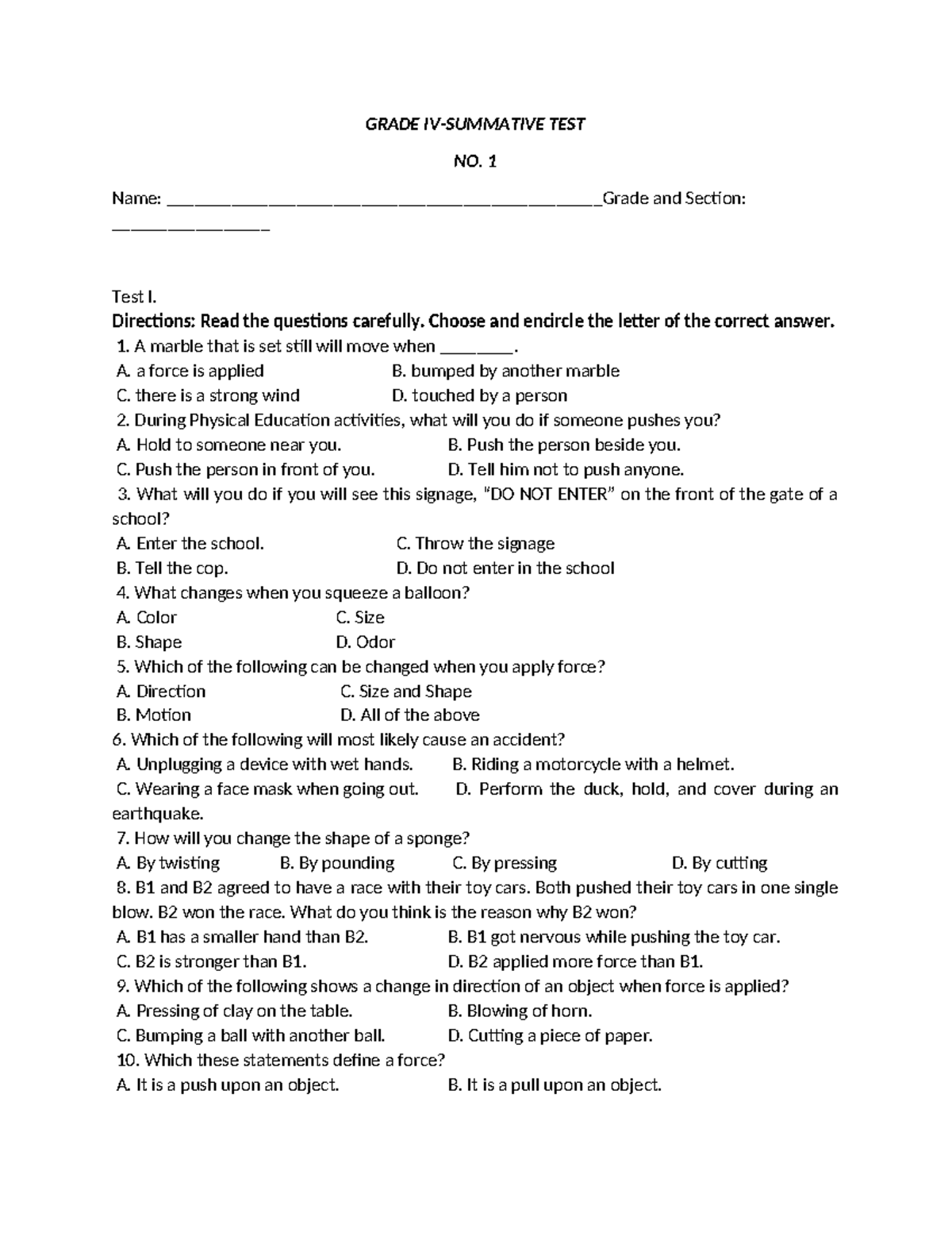 Summative Test Grade 4 ( No. 1) - GRADE IV-SUMMATIVE TEST NO. 1 Name ...