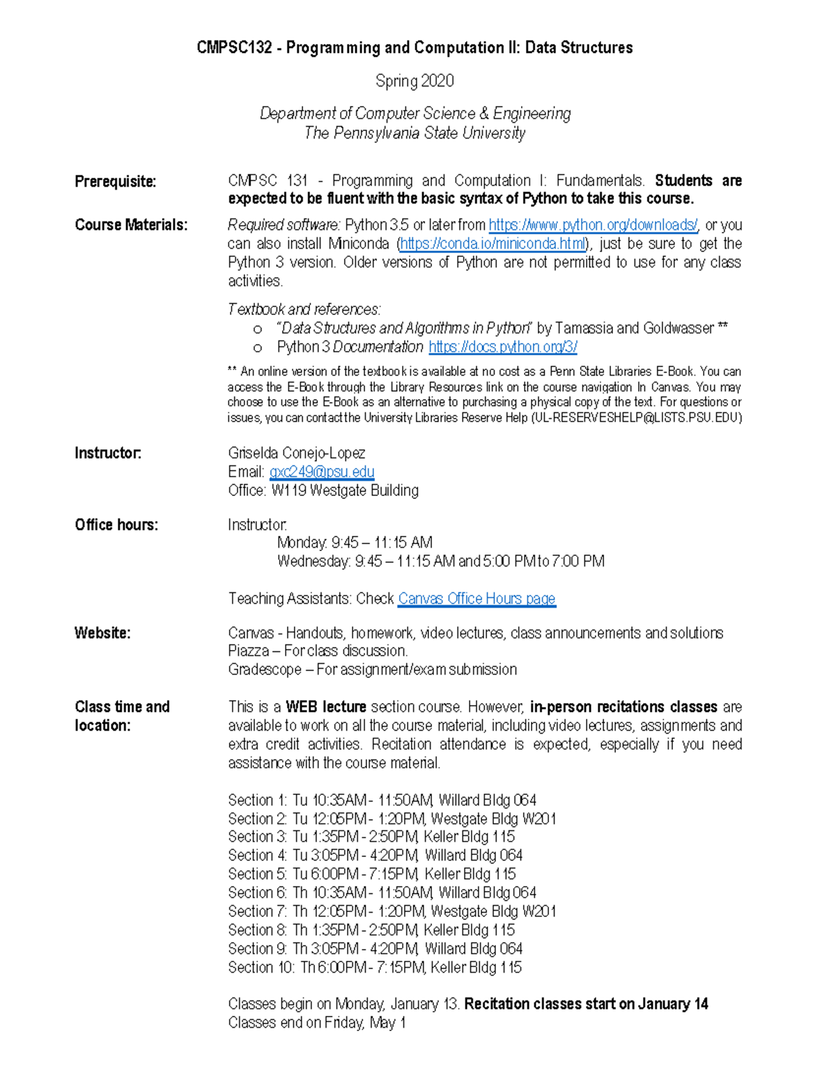 CMPSC 132 Syllabus - Programming and Computation II (Spring 2020) - Studocu