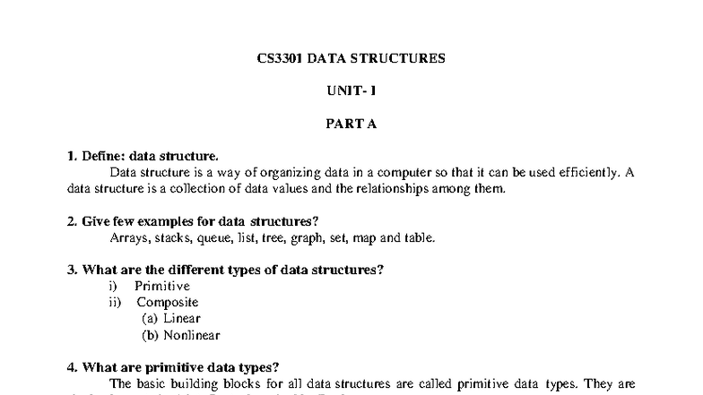 CS3301 DATA STRUCTURES I QUESTION BANK PART A & B - Studocu