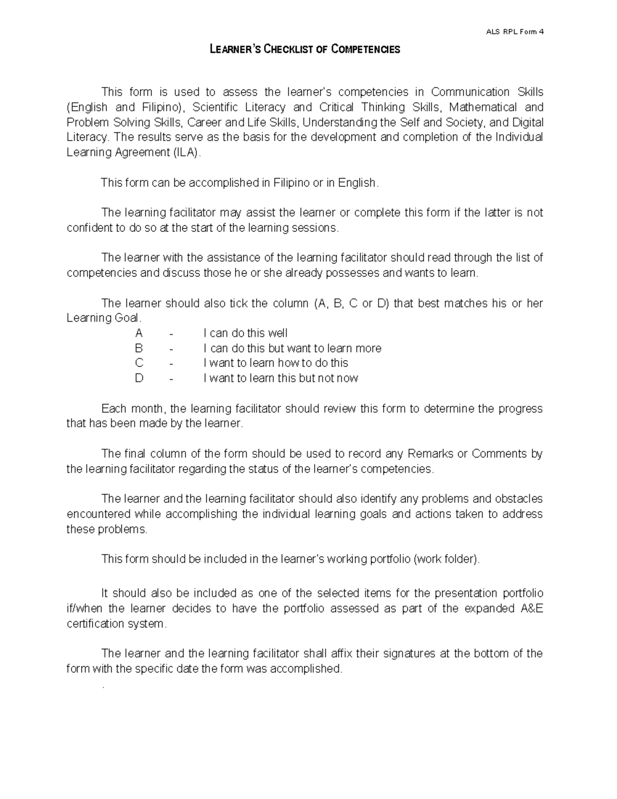RPL Form 4 Checklist of Competencies for LE, AE & JHS - Studocu