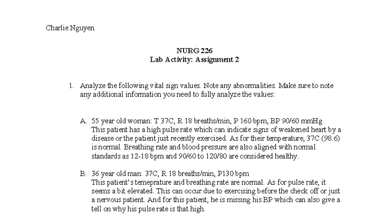 Lab Activity 2 Analysis of Vital Signs - NURG 226 - Studocu
