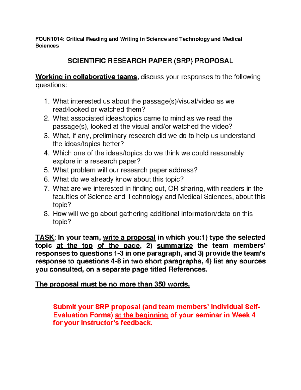 FOUN1014: SRP Proposal for Science and Technology Research - Studocu