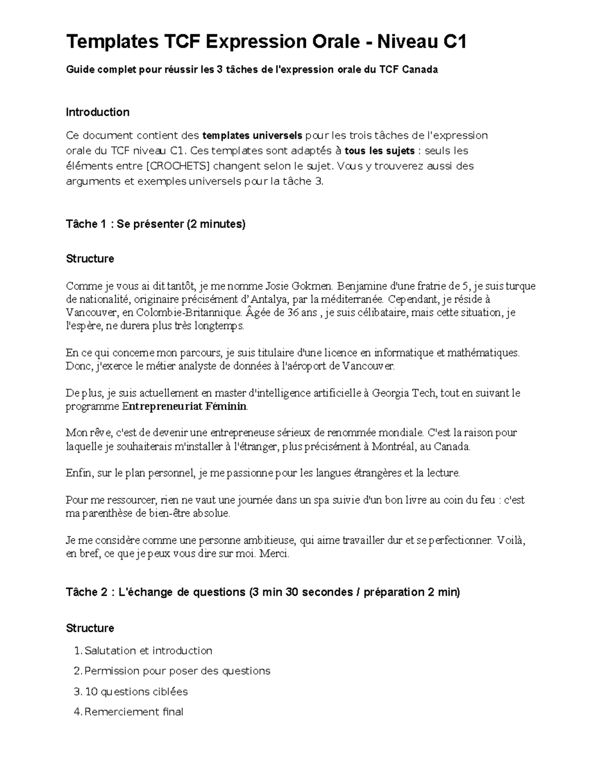 TCF C1 Orale: Templates Universels pour Réussir les 3 Tâches - Studocu