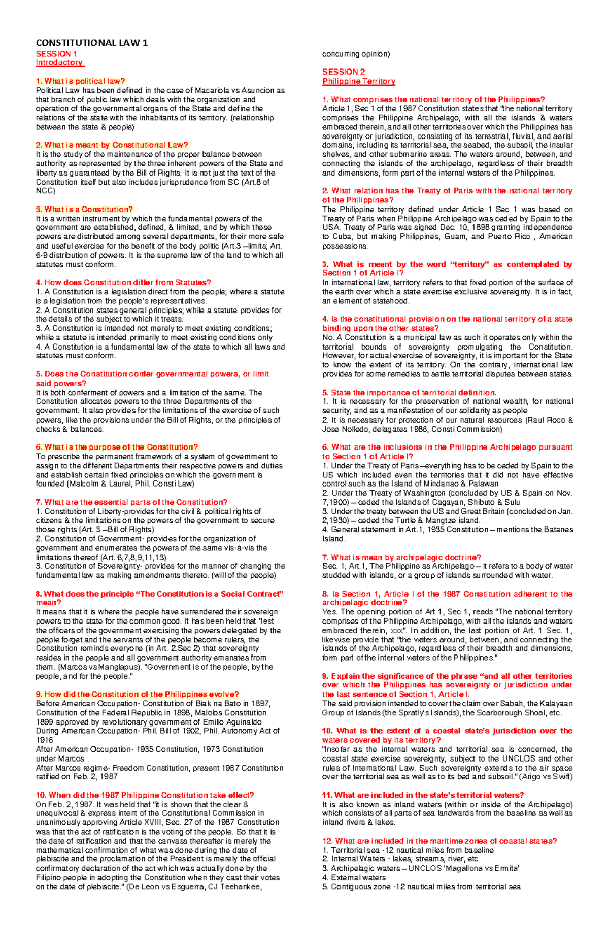 Constitutional Law 1 Reviewer: Key Concepts and Case Summaries - Studocu