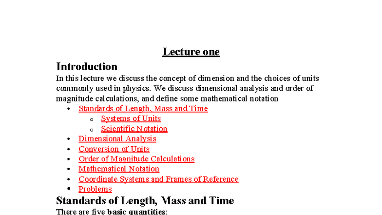 Lecture 1: Introduction to Dimensions and Units in Physics - Studocu