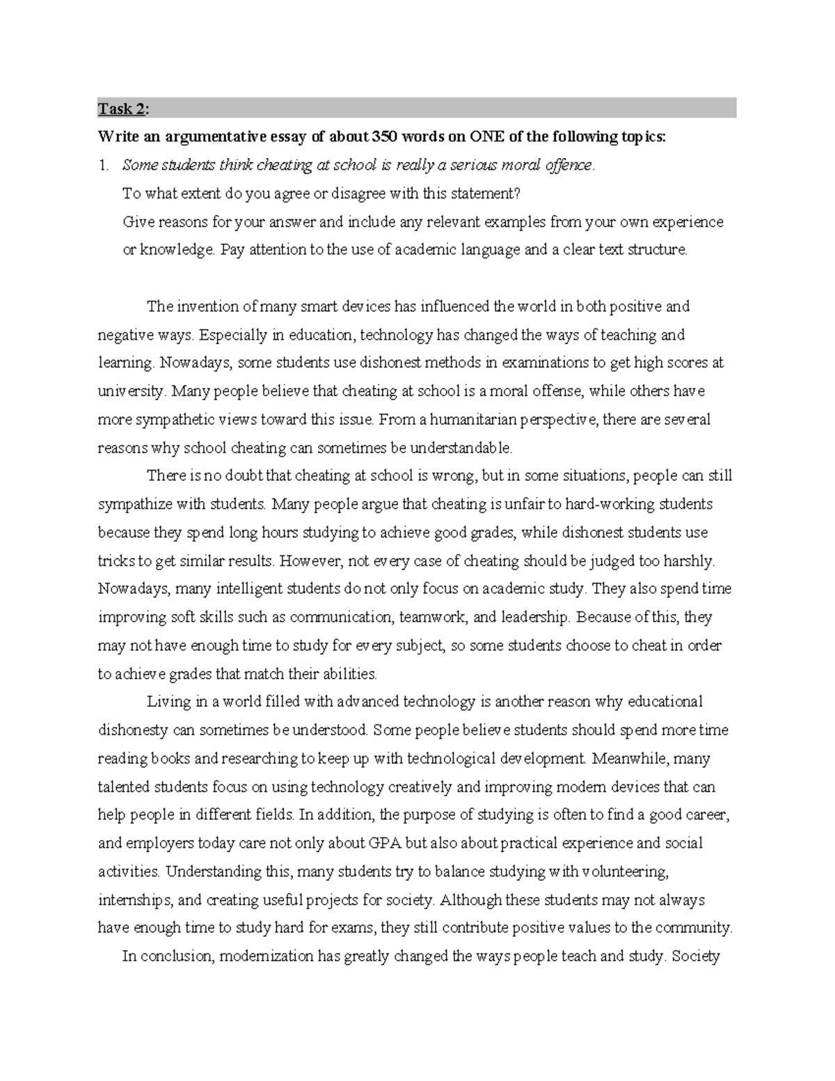 Task 2: Argumentative Essay on Cheating and Computer Games in Education ...