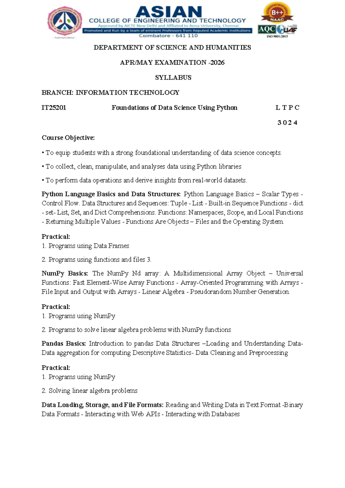 IT25201 Foundations of Data Science Using Python - Exam Syllabus - Studocu