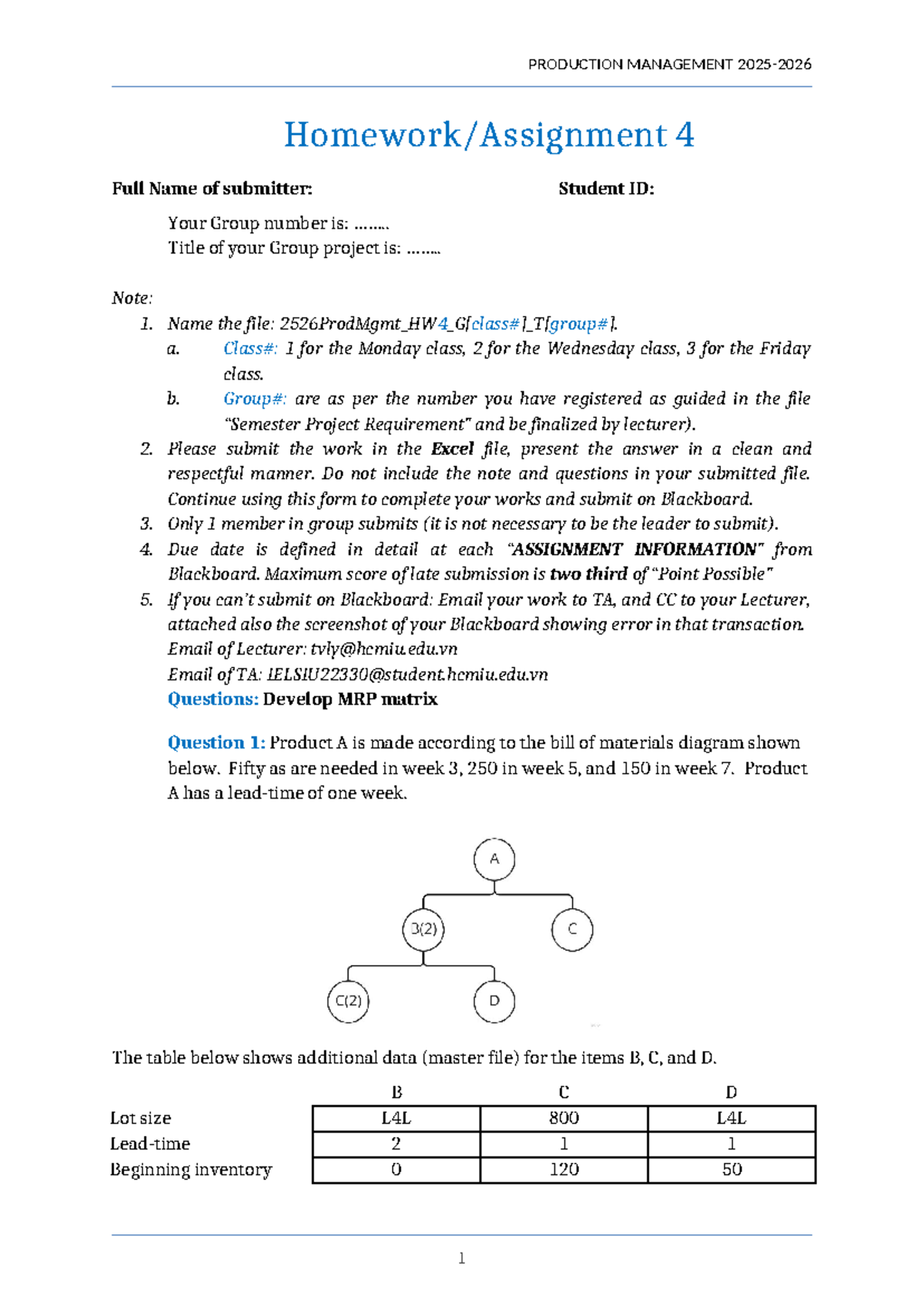 Production Management 2526: Group Project Guidelines & MRP Exercises ...