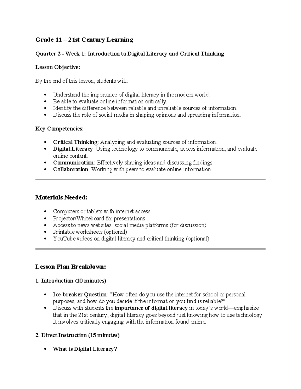 Discussion for 21st Century - Grade 11 – 21st Century Learning Quarter ...