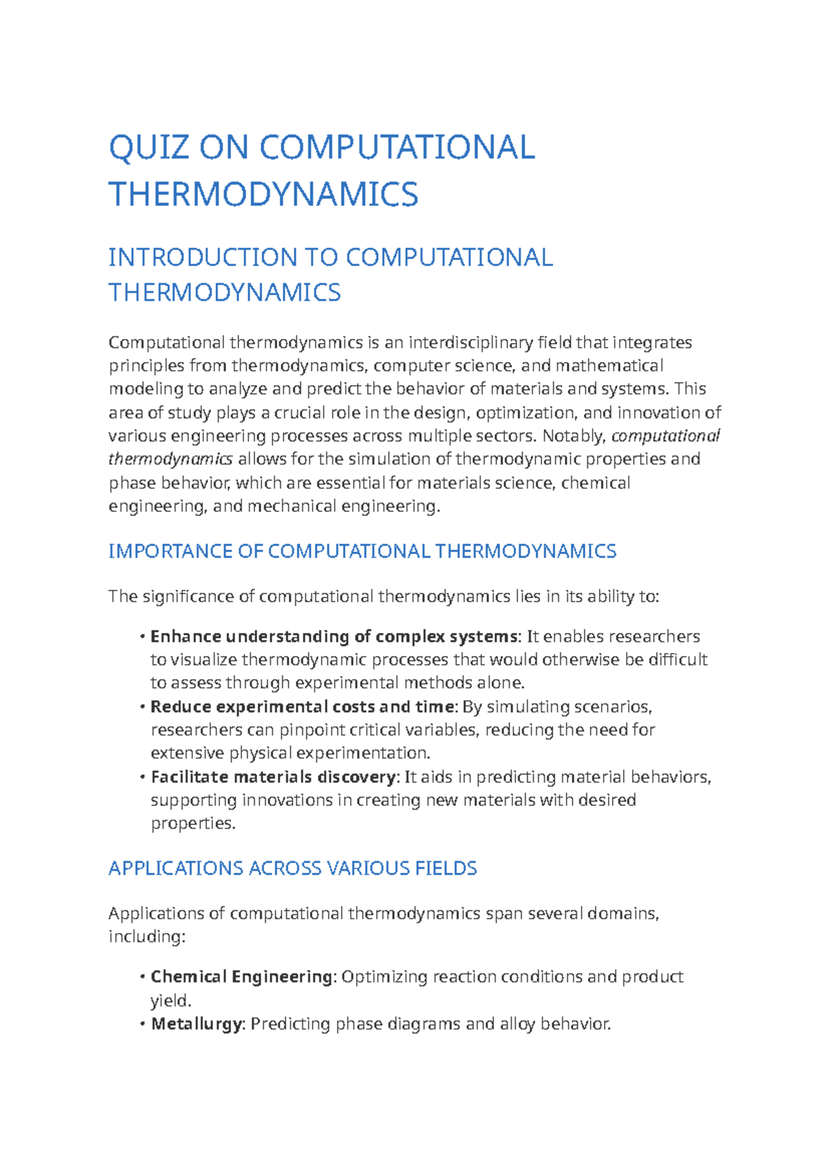 Quiz on Computational Thermodynamics (CT-101) - Studocu