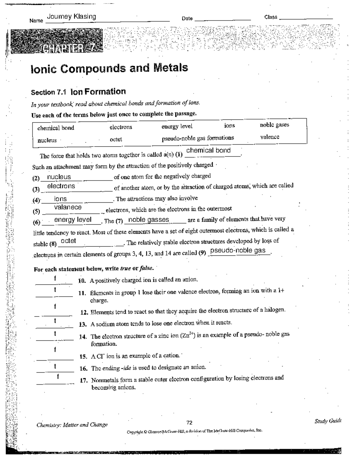 Chem I - Chapter 7: Chemical Bonds and Compounds Study Guide - Studocu