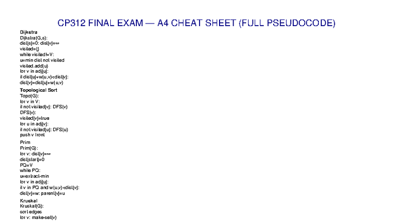 CP312 FINAL EXAM A4 CHEAT SHEET: Pseudocode Overview - Studocu