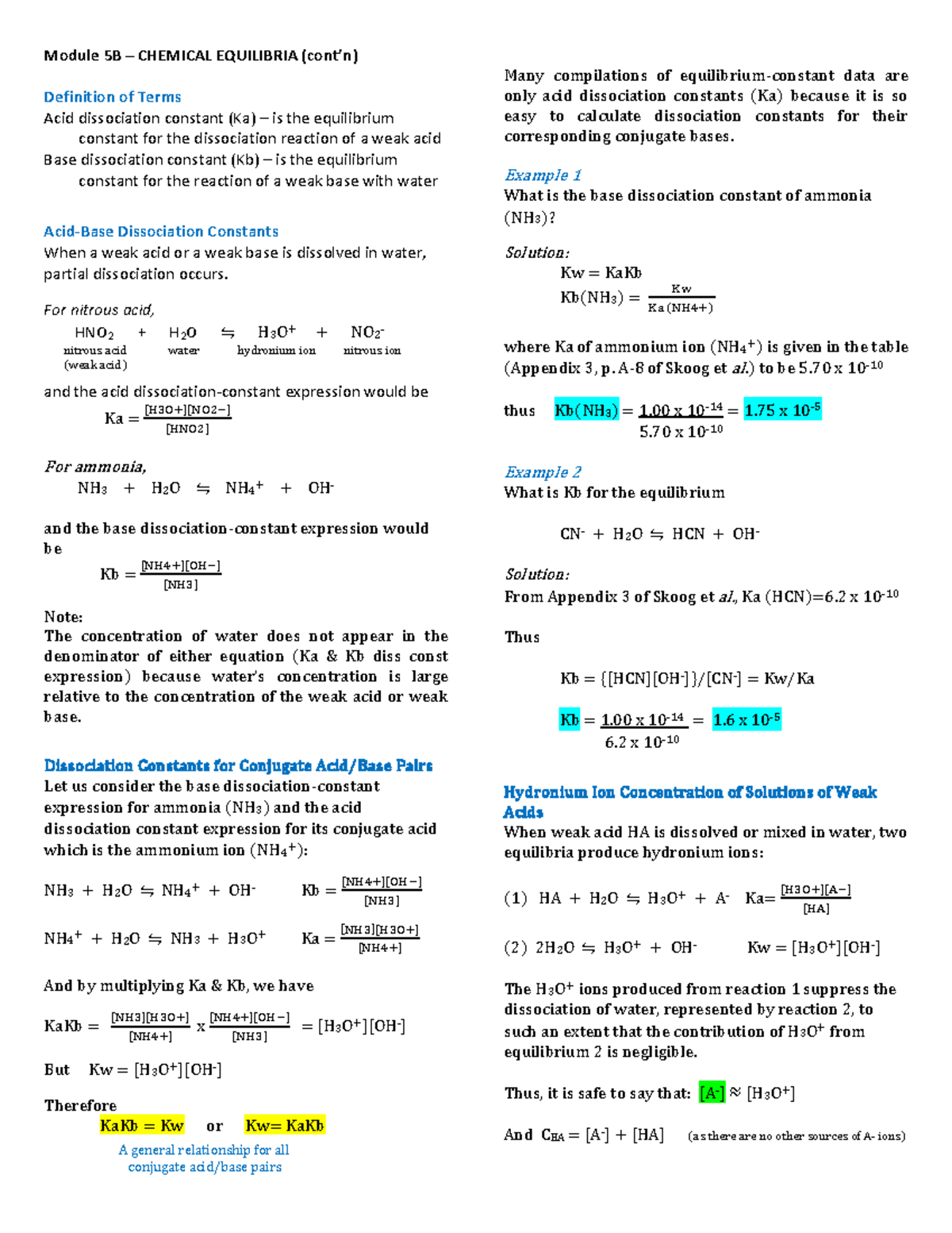 Chem 203 Module 5B: Chemical Equilibria and Buffer Solutions Notes ...