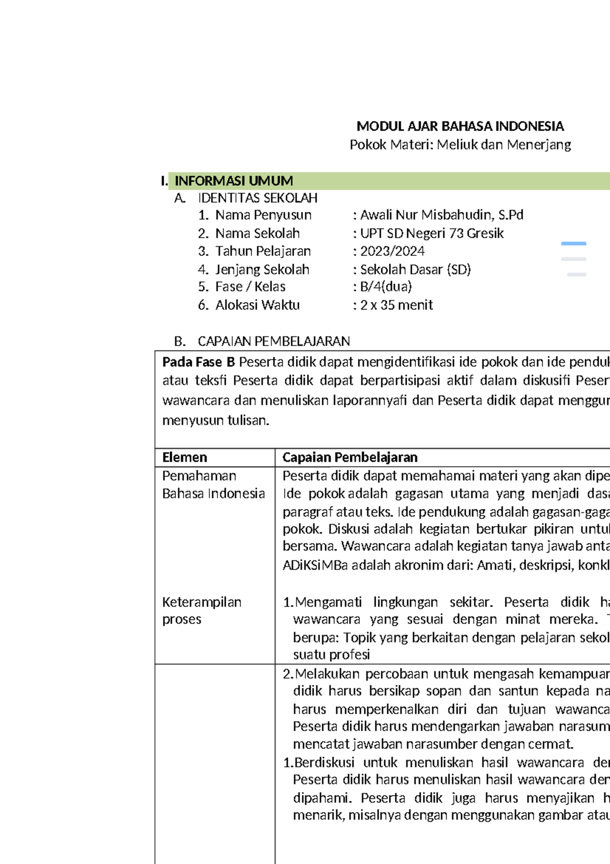 MODUL AJAR BAHASA INDONESIA: Meliuk dan Menerjang (SD) - Studocu