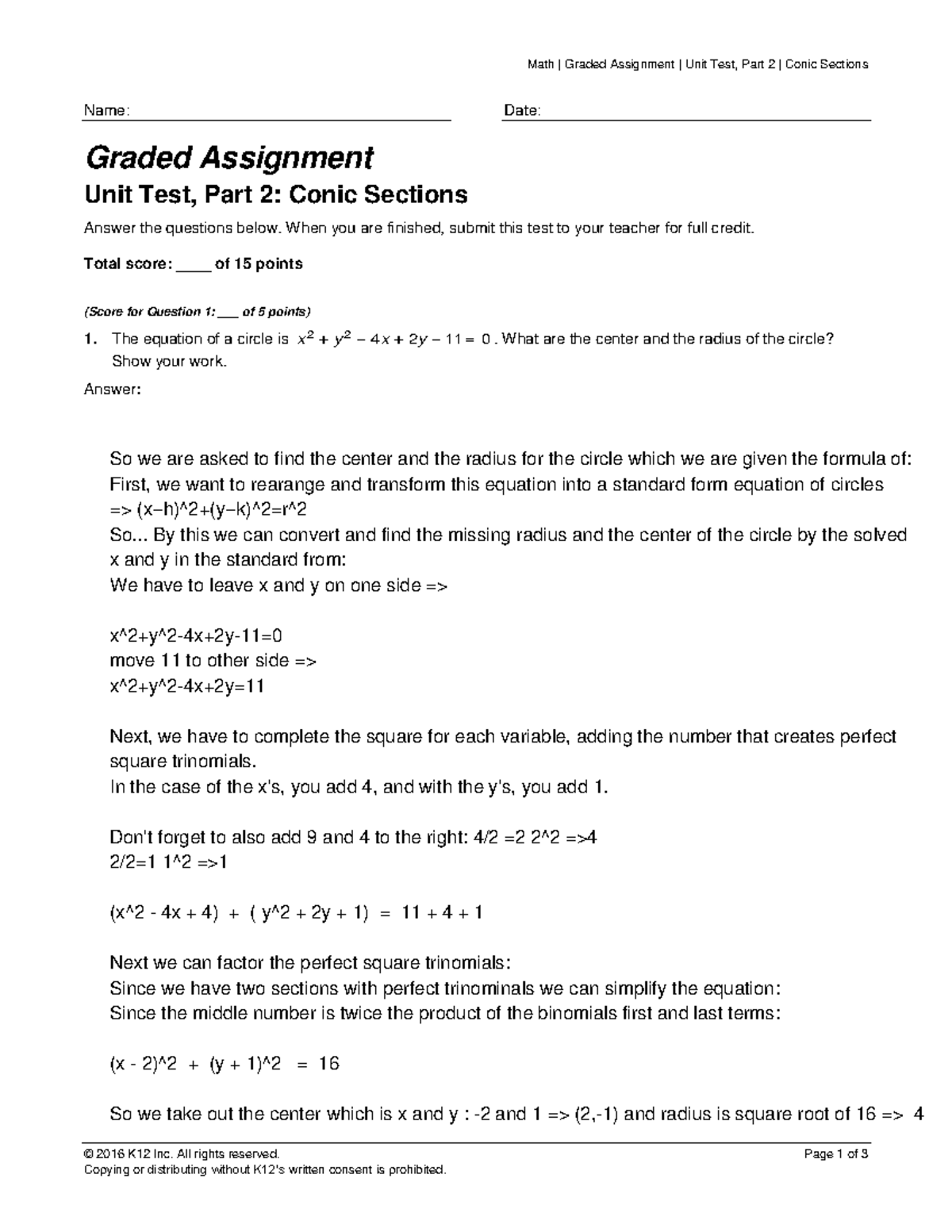 Math 5.08 Unit Test: Conic Sections Graded Assignment - Studocu