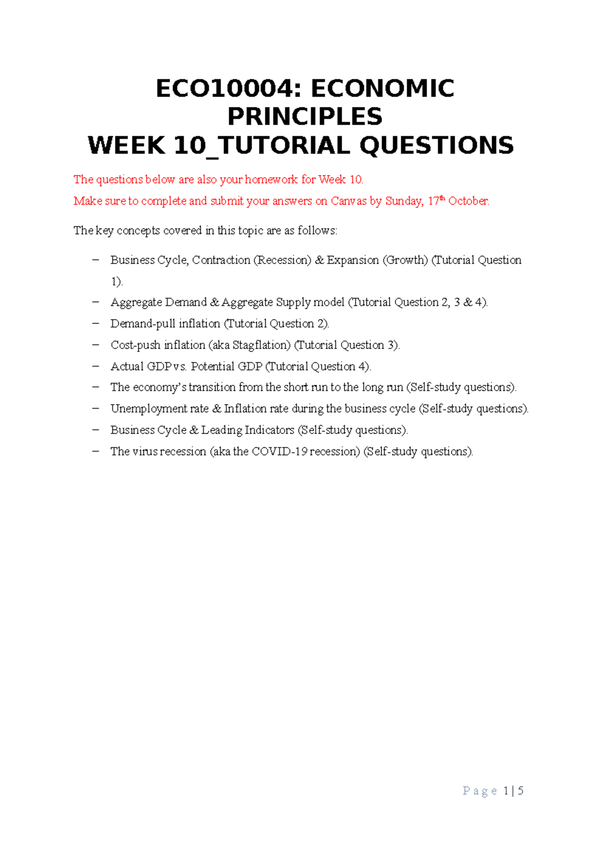 Week 10 Tutorial Questions HELLLLOOO SDAI - ECO10004: ECONOMIC ...