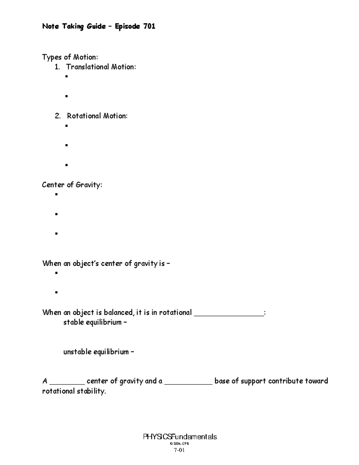 EP701 Note Taking Guide: Types of Motion & Center of Gravity - Studocu