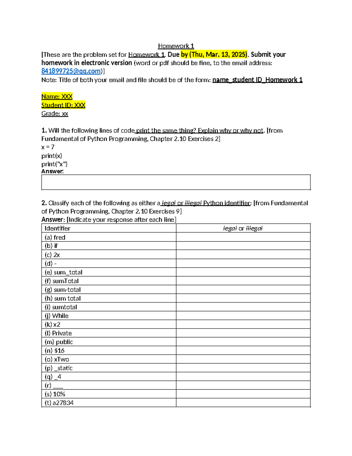 Python Programming Homework 1: Problem Set & Exercises - Studocu