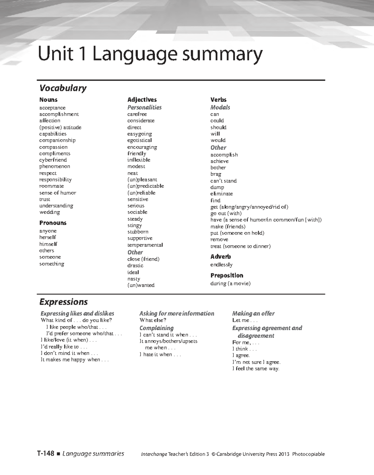 Interchange 4th Ed Level 3 Language Summary: Units 1-16 Overview - Studocu