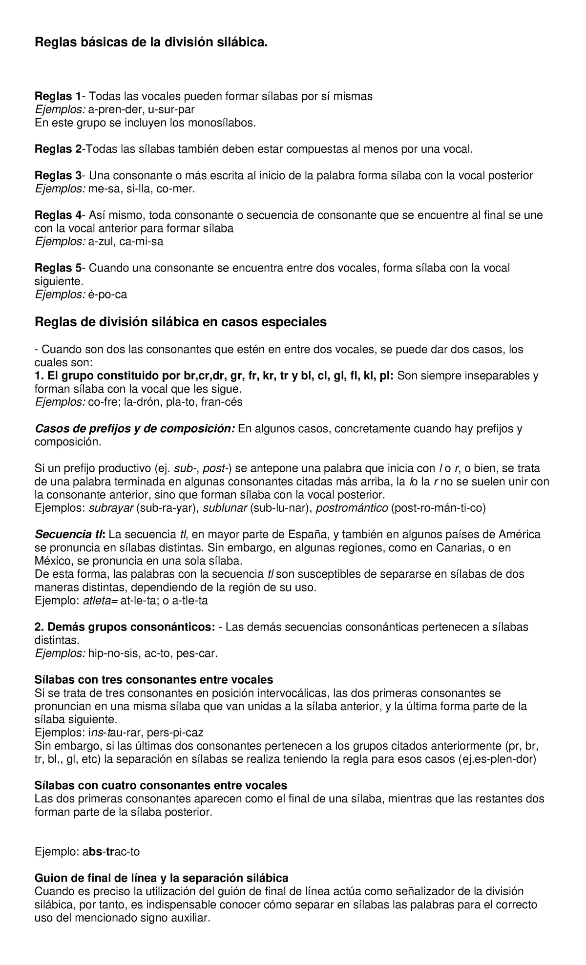 Reglas básicas de la división silábica - Reglas 1- Todas las vocales ...