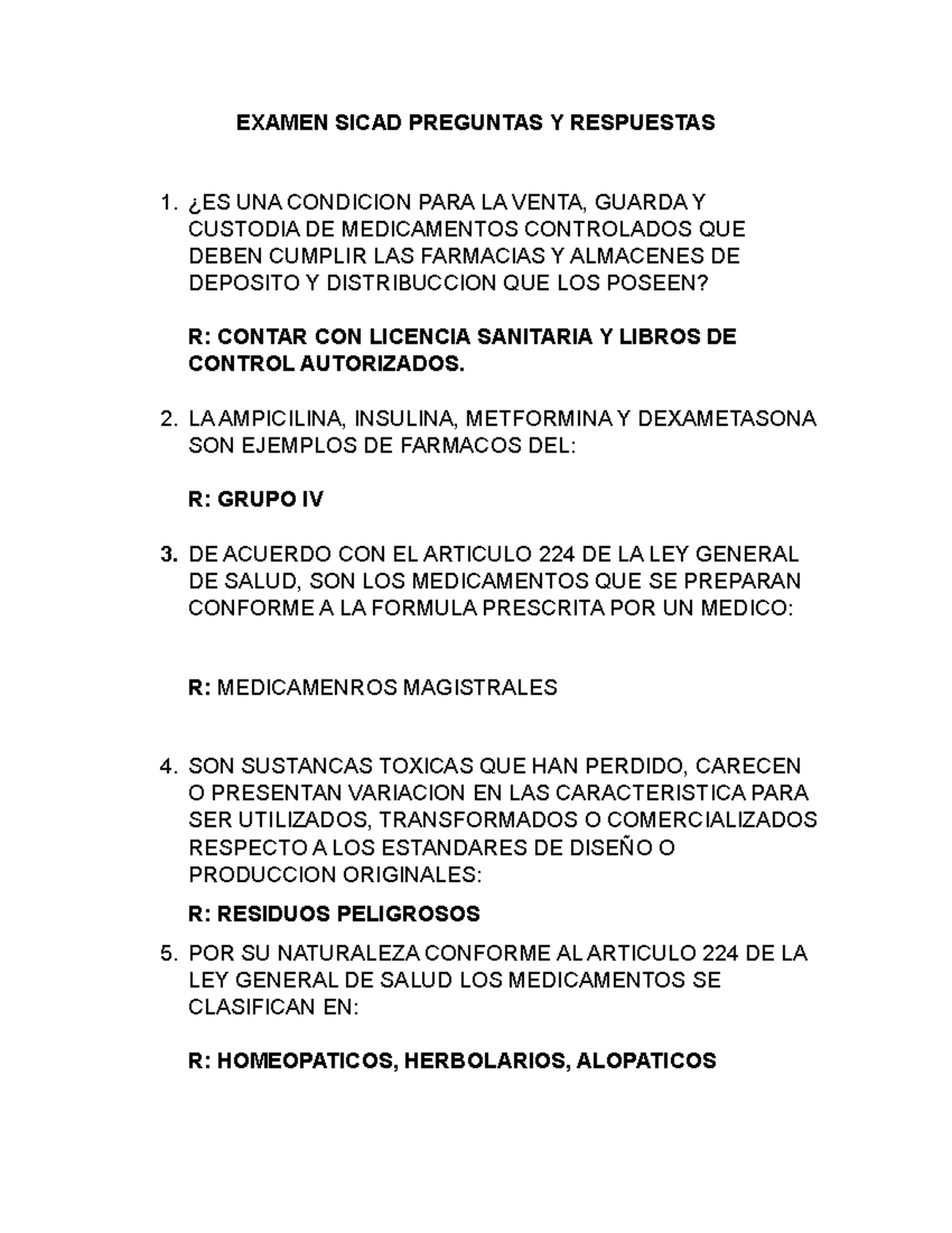 Examen SICAD: Preguntas y Respuestas sobre Medicamentos Controlados ...
