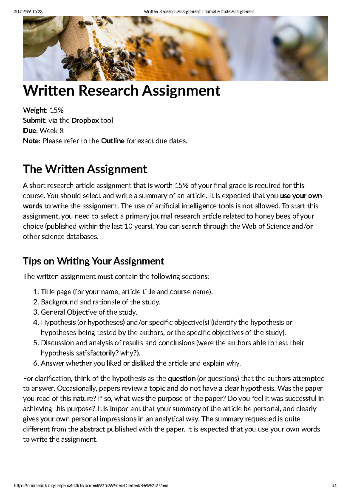 Winter 2025 ENVS 2210 Research Assignment on Honey Bees: Guidelines - Studocu