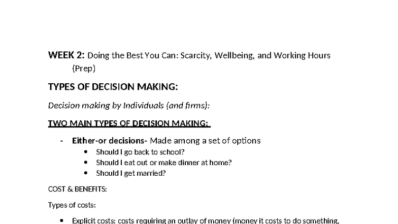 WEEK 2: Microeconomics Notes on Decision Making & Scarcity - Studocu