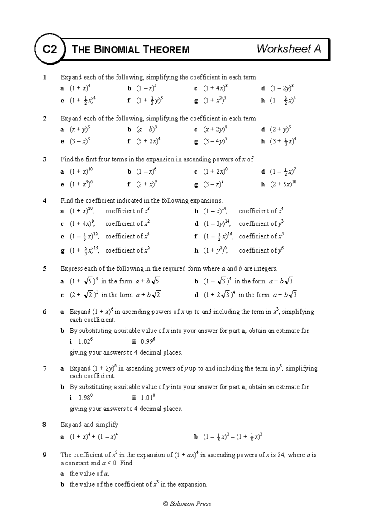 C2 - Binomial Theorem - Worksheet A - Expansion Questions - Studocu