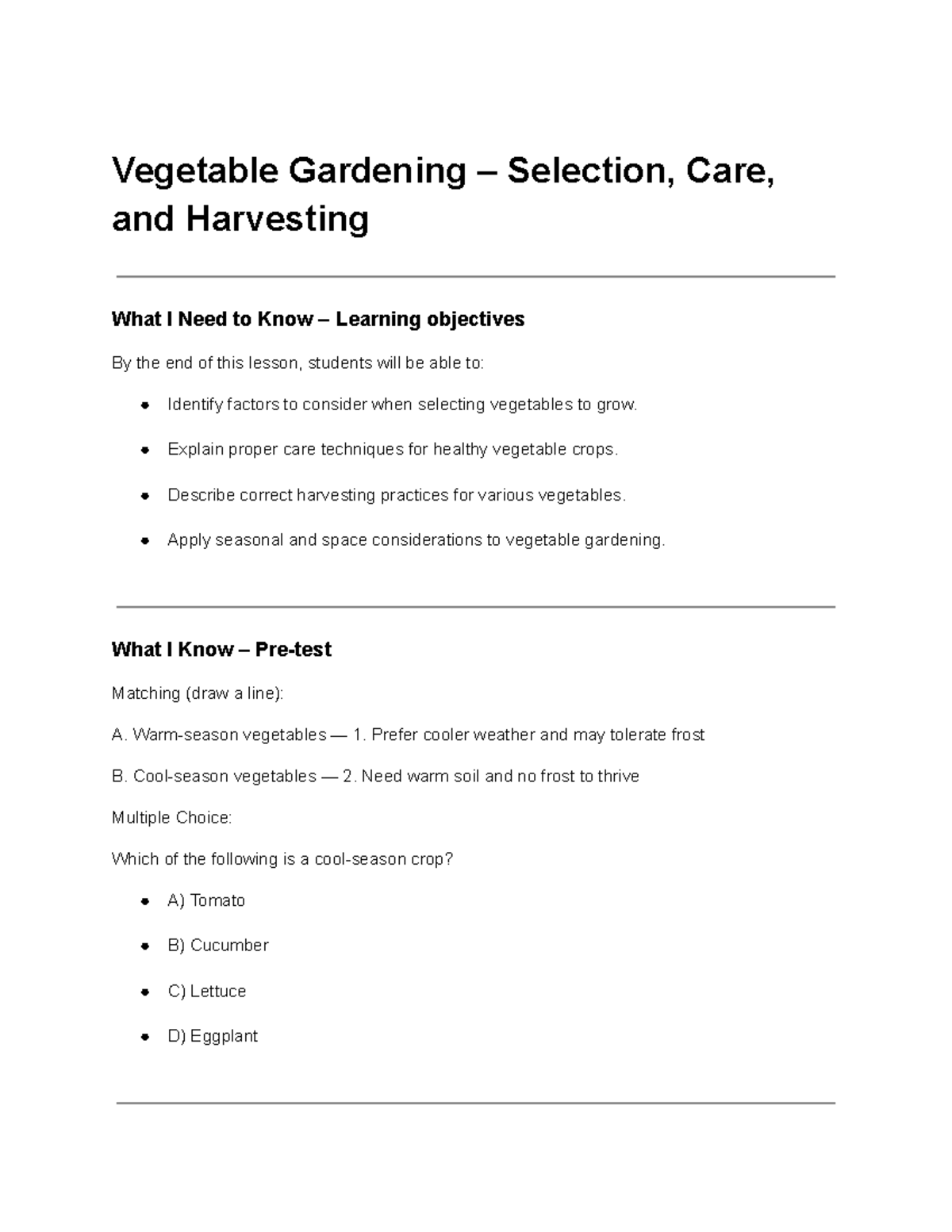 H (20) - Vegetable Gardening: Selection, Care, and Harvesting Lecture ...
