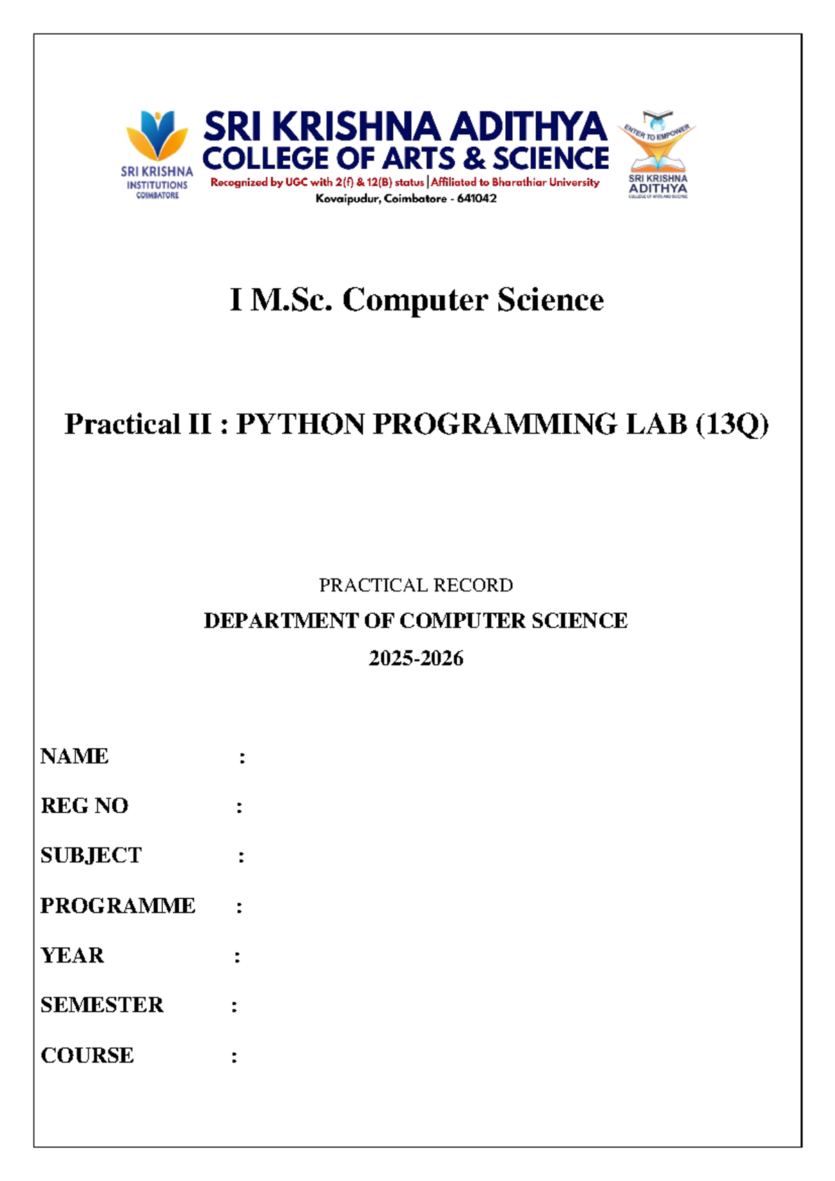 M.Sc. Computer Science Practical II: Python Programming Lab Record (13Q) - Studocu
