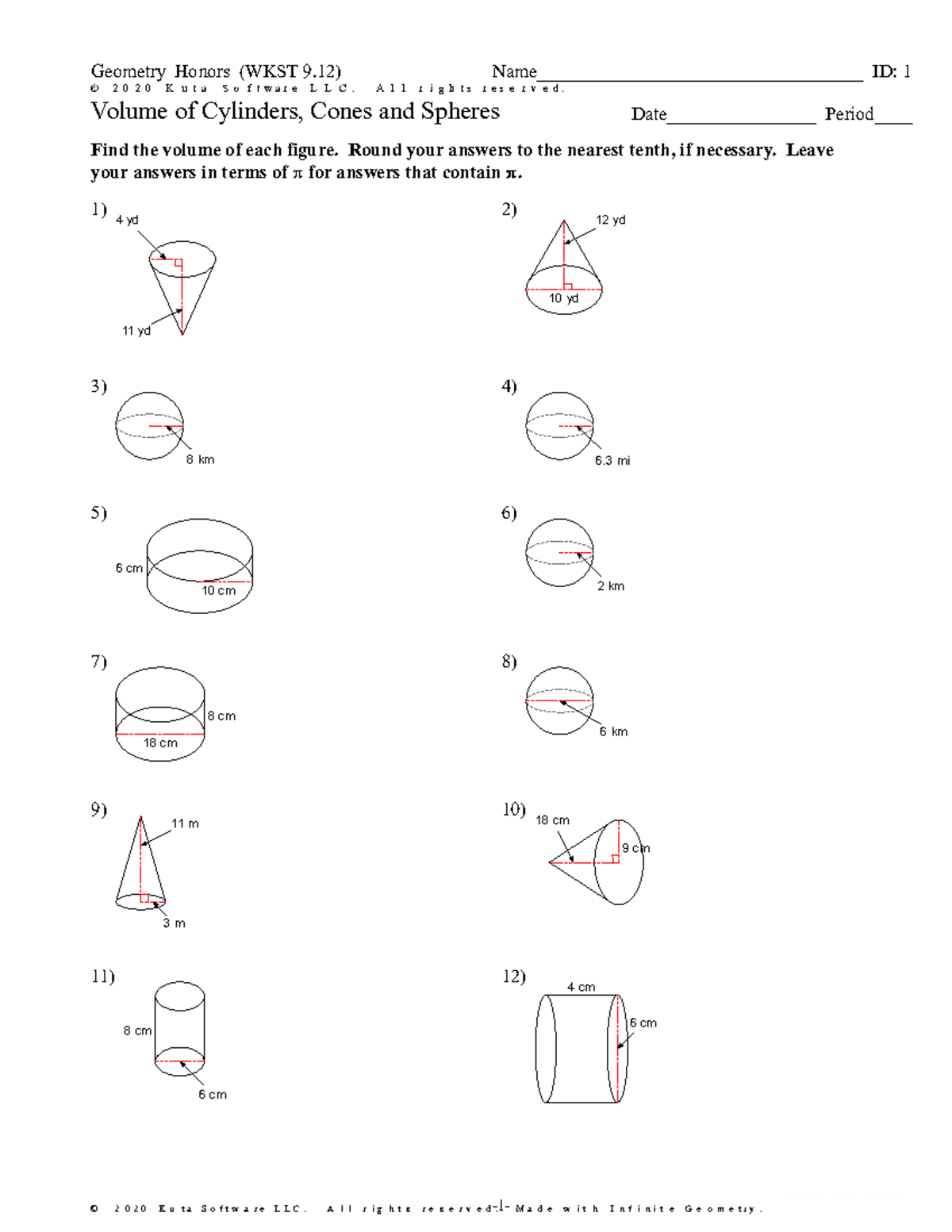 Geometry Honors (WKST 9.12) - Volume of Cylinders, Cones & Spheres ...