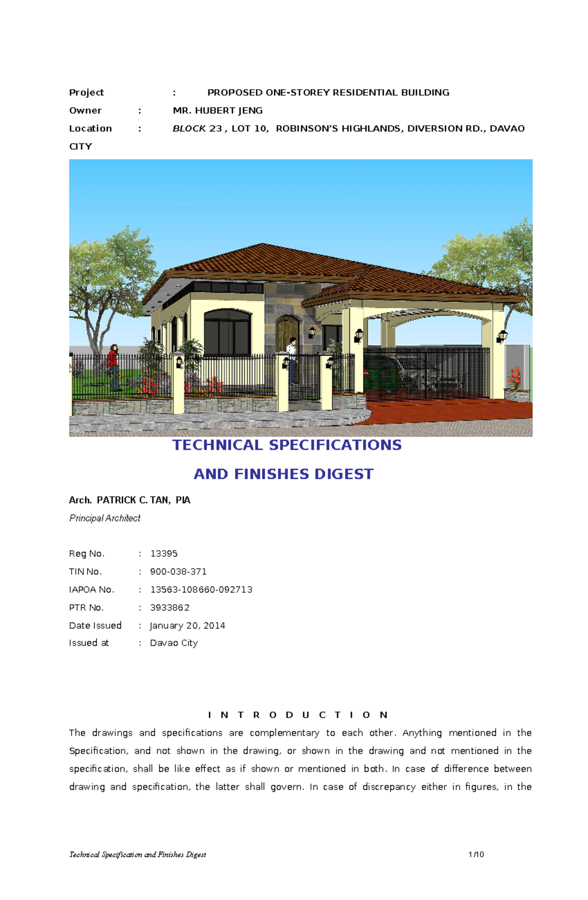 Technical Specification - Project : PROPOSED ONE-STOREY RESIDENTIAL ...