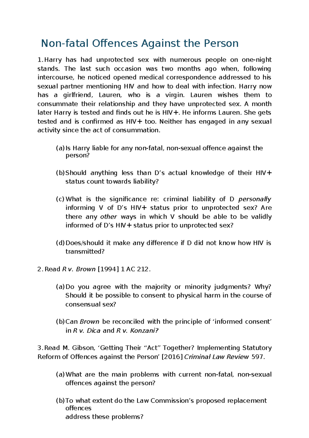 Non Fatal Offences Tutorial Questions - Non-fatal Offences Against the ...