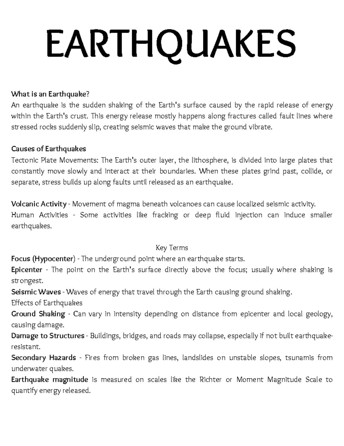 Earthquakes - Earth Science Overview and Key Concepts - Studocu
