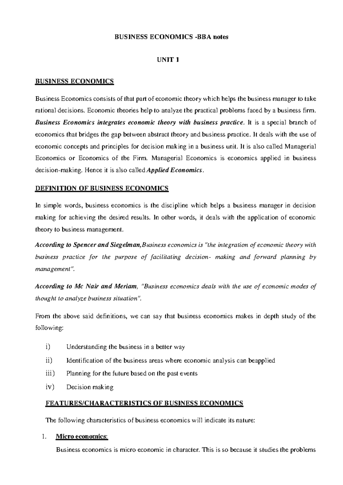 2025 Sem 1 BBA Business Economics Notes: Unit 1 Overview - Studocu