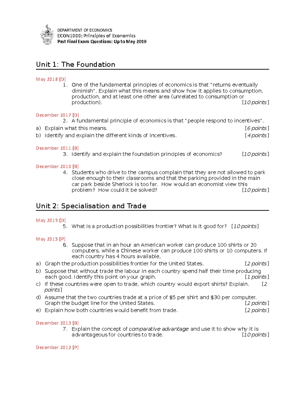 ECON1000: Past Final Exam Questions Overview for Economics - Studocu
