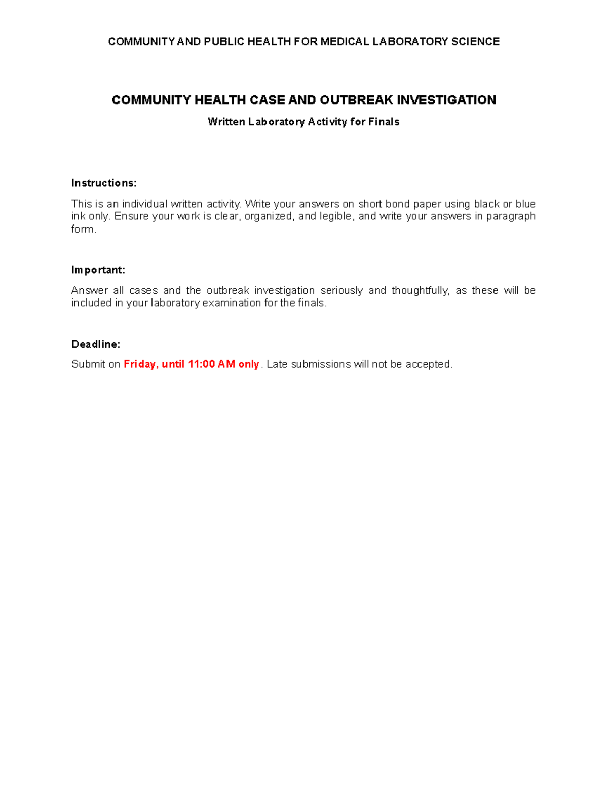 COMMUNITY HEALTH CASE STUDY: OUTBREAK INVESTIGATION LAB ACTIVITY - Studocu