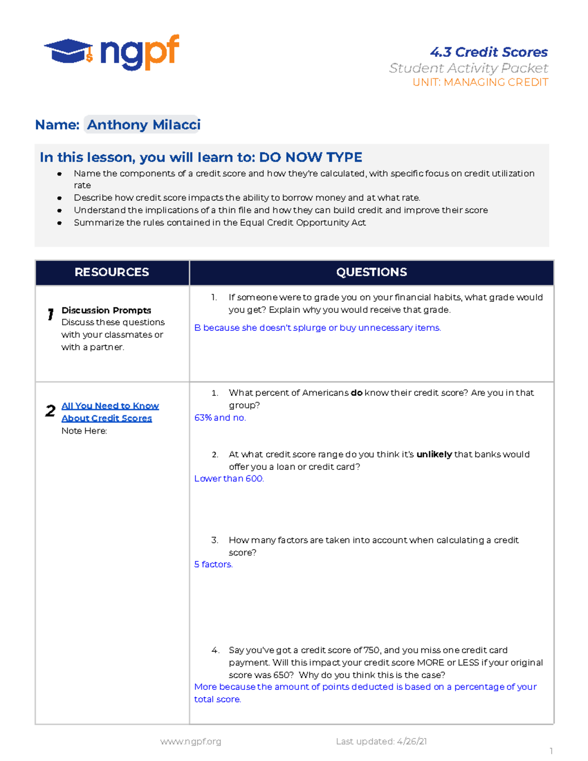 SA Credit Scores - Managing Credit Lesson 4.3 Activities - Studocu