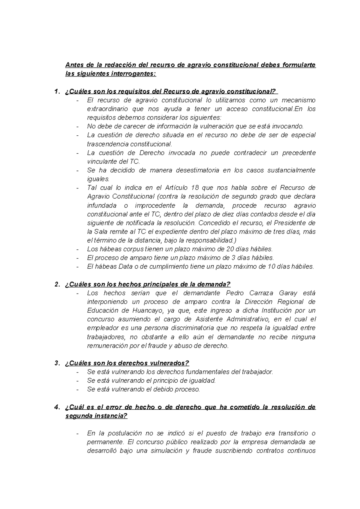 Recurso de Agravio Constitucional: Requisitos y Hechos Clave - Studocu