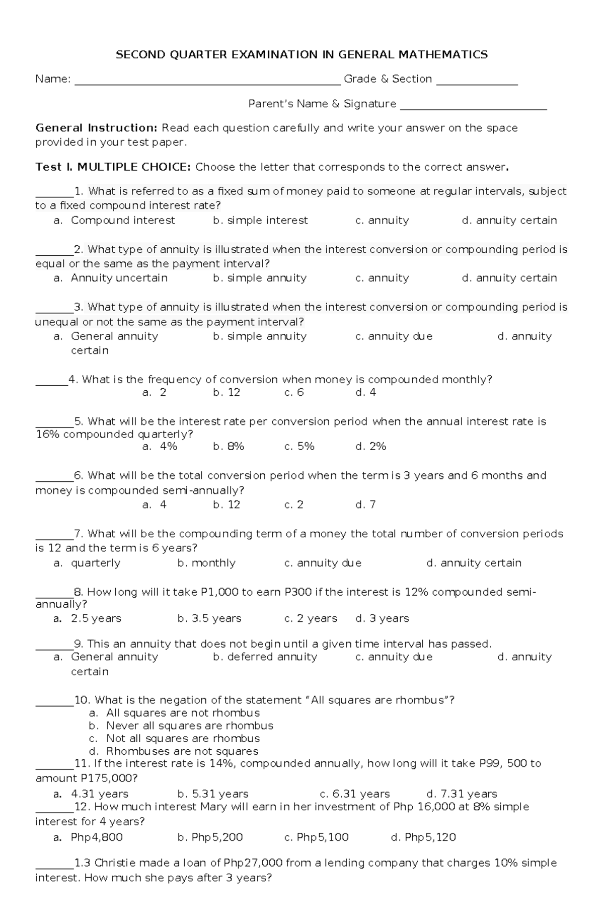 2ND Quarter General Math Exam Review Guide - Studocu