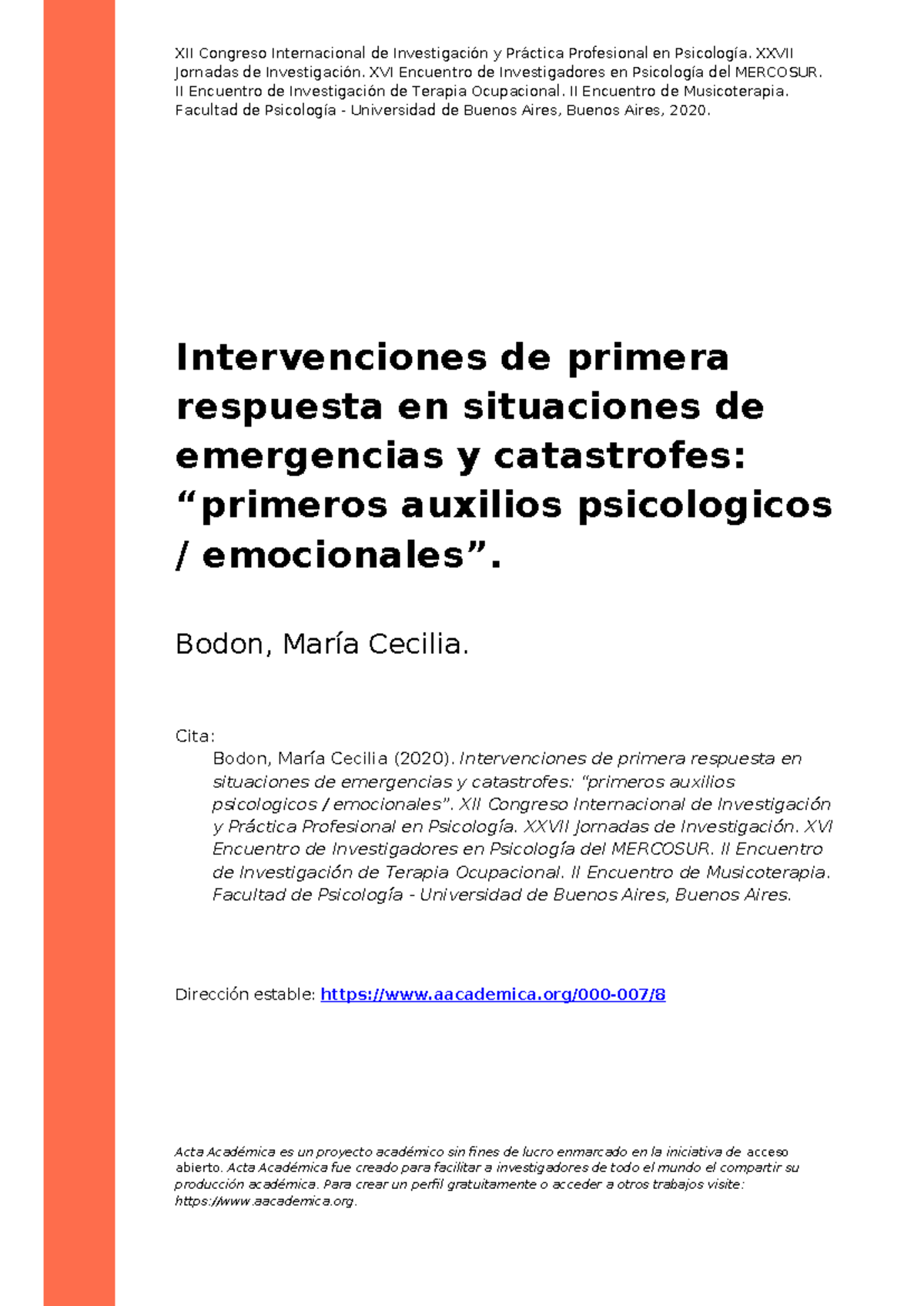 Intervenciones de Primera Respuesta en Emergencias y Catástrofes ...