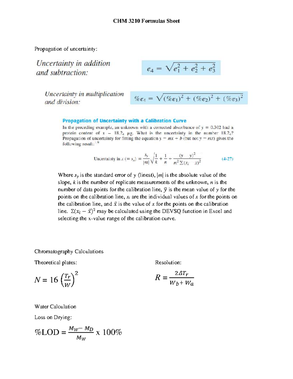 CHM 3210 Formula Sheet: Propagation of Uncertainty & Calculations - Studocu