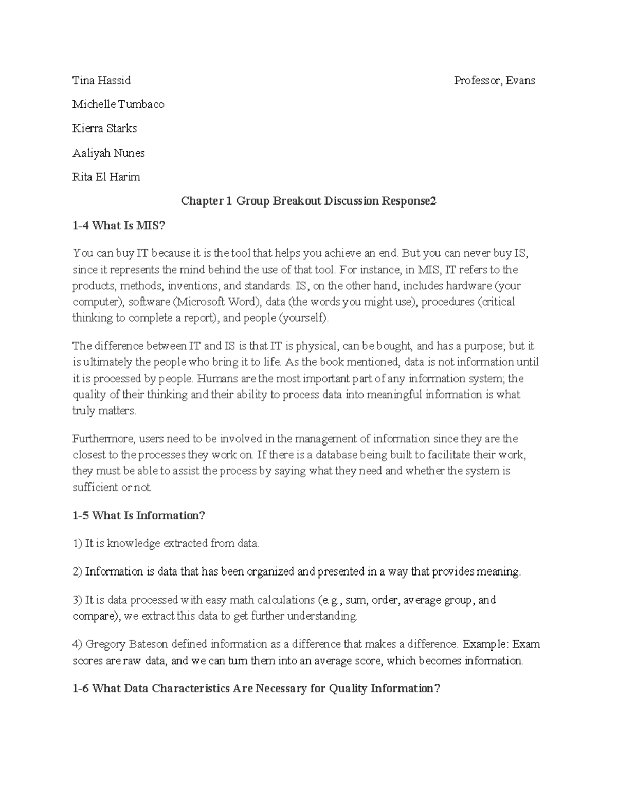 MIS 101: Chapter 1 Group Discussion on IT vs. IS Concepts - Studocu