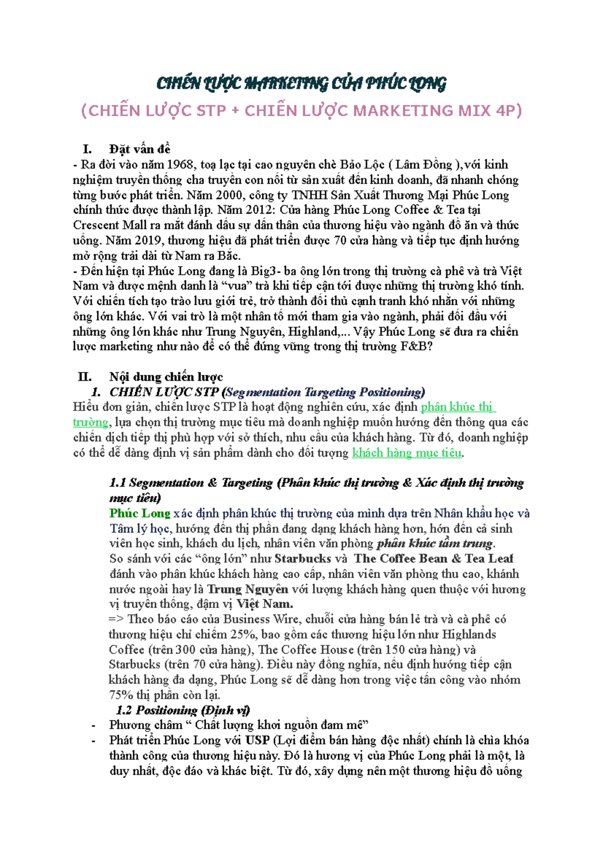 [CASE Study]CHIẾN LƯỢC Marketing CỦA PHÚC LONG - CHIẾN LƯỢC MARKETING CỦA PHÚC LONG (CHIẾN LƯỢC ...