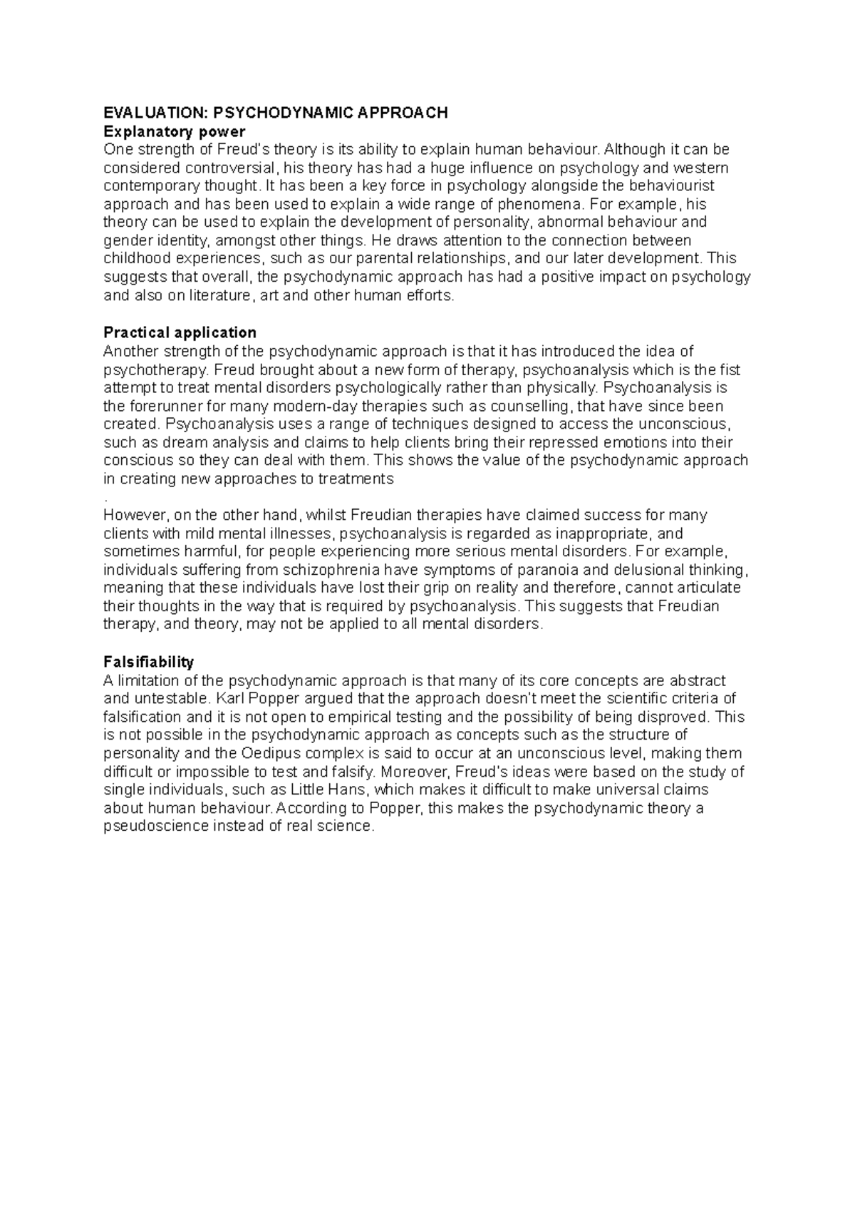 Evaluation of the Psychodynamic Approach in PSYC H - Studocu